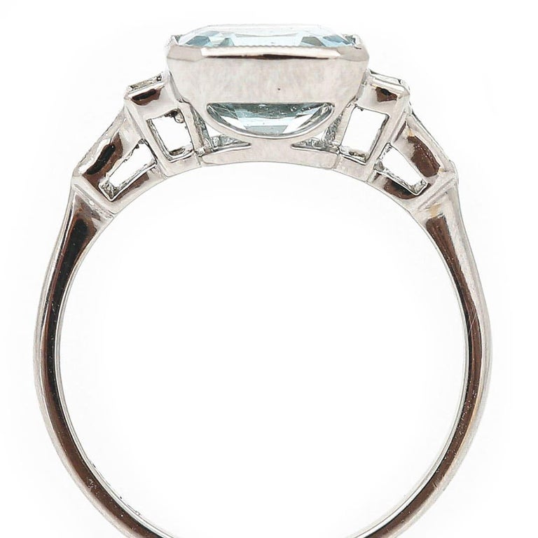 Art Deco Style Platinum Square Cut Aquamarine and Baguette Diamond Ring ...
