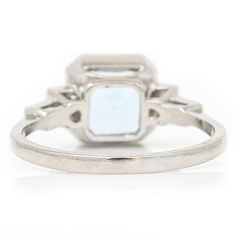 Art Deco Style Platinum Square Cut Aquamarine and Baguette Diamond Ring ...