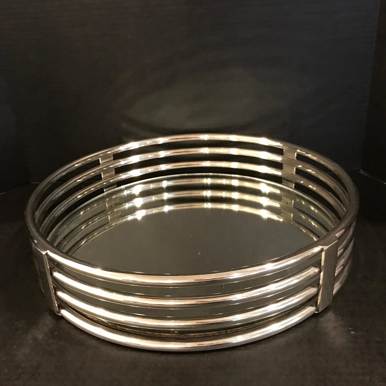 Art Deco Style Polished Chrome Round Gallery Tray or Plateau at 1stDibs