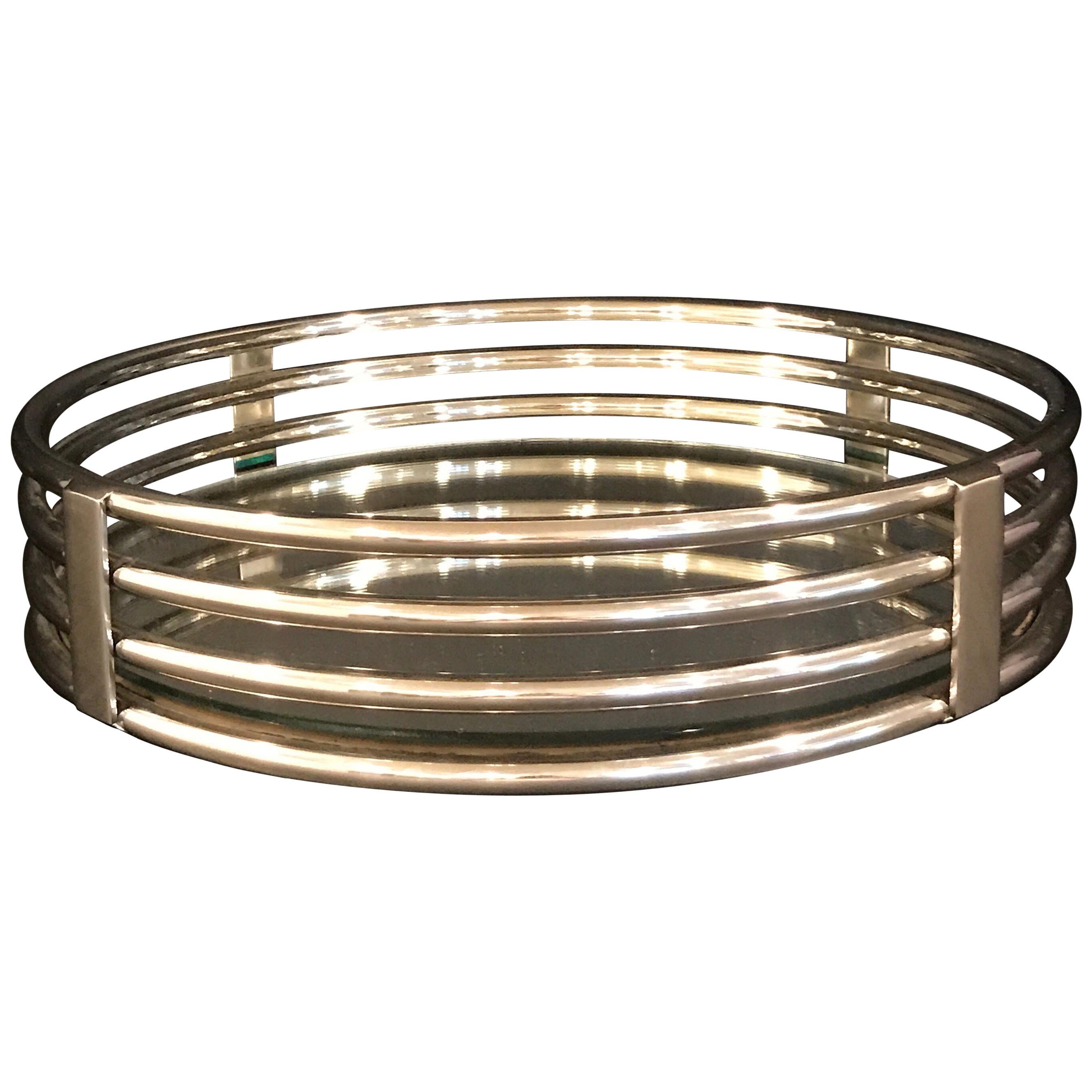 Art Deco Style Polished Chrome Round Gallery Tray or Plateau at 1stDibs