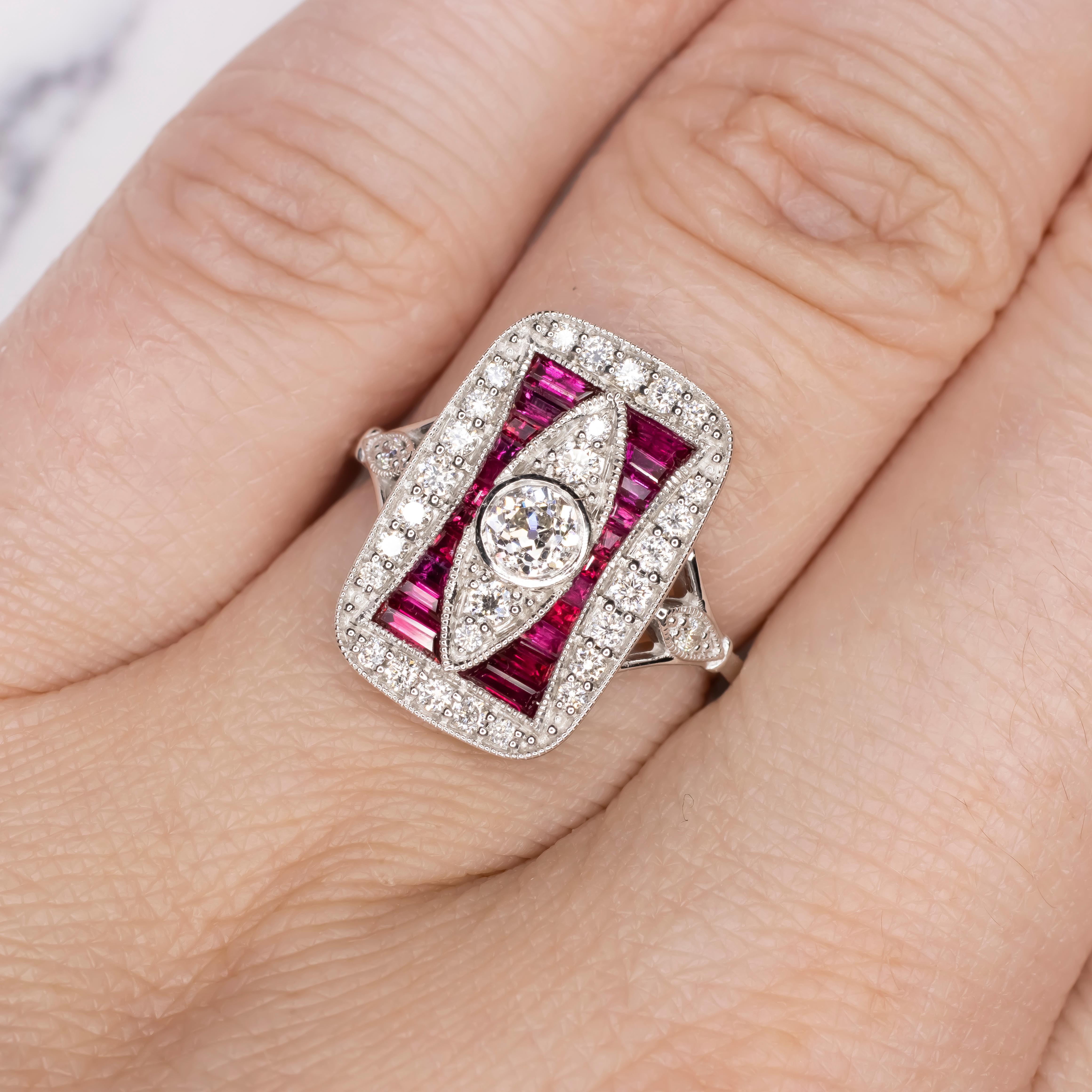 Art Deco Style Rubies Old Mine Cut Diamond Cocktail Ring For Sale at ...