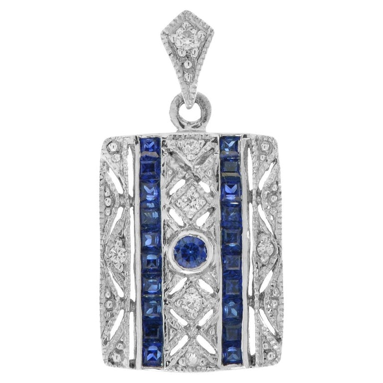 Art Deco Style Sapphire and Diamond Square Pendant in 14K White Gold ...