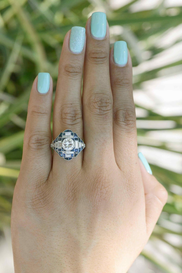 Art Deco Style Sapphire Diamond Dome Engagement Ring For Sale at 1stDibs