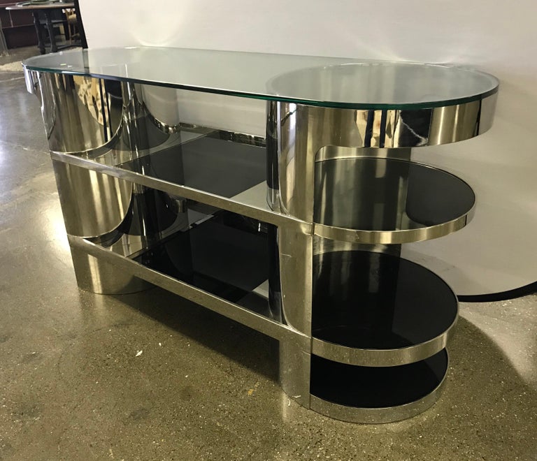 Mid Century Style Two Piece Sleek Chrome and Black Glass Floating Bar ...