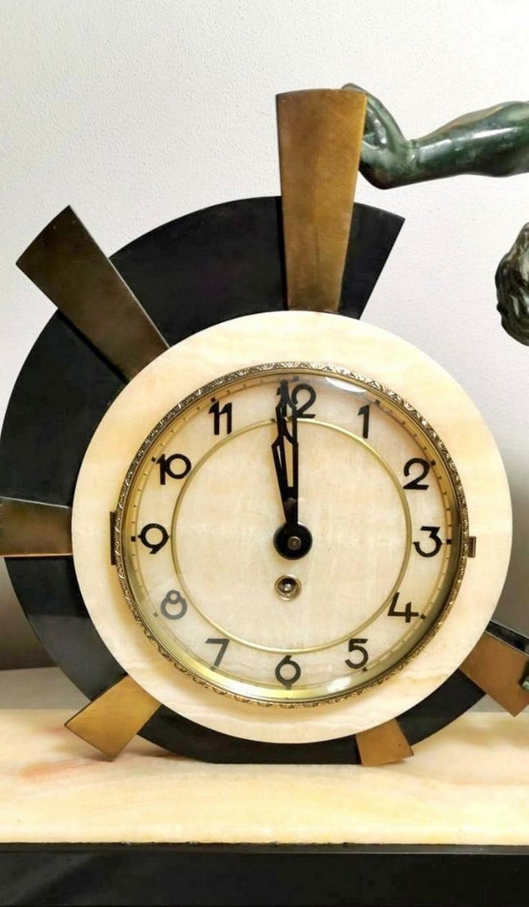 Art Deco Table Clock with Huge Bronze Statue, France at 1stDibs