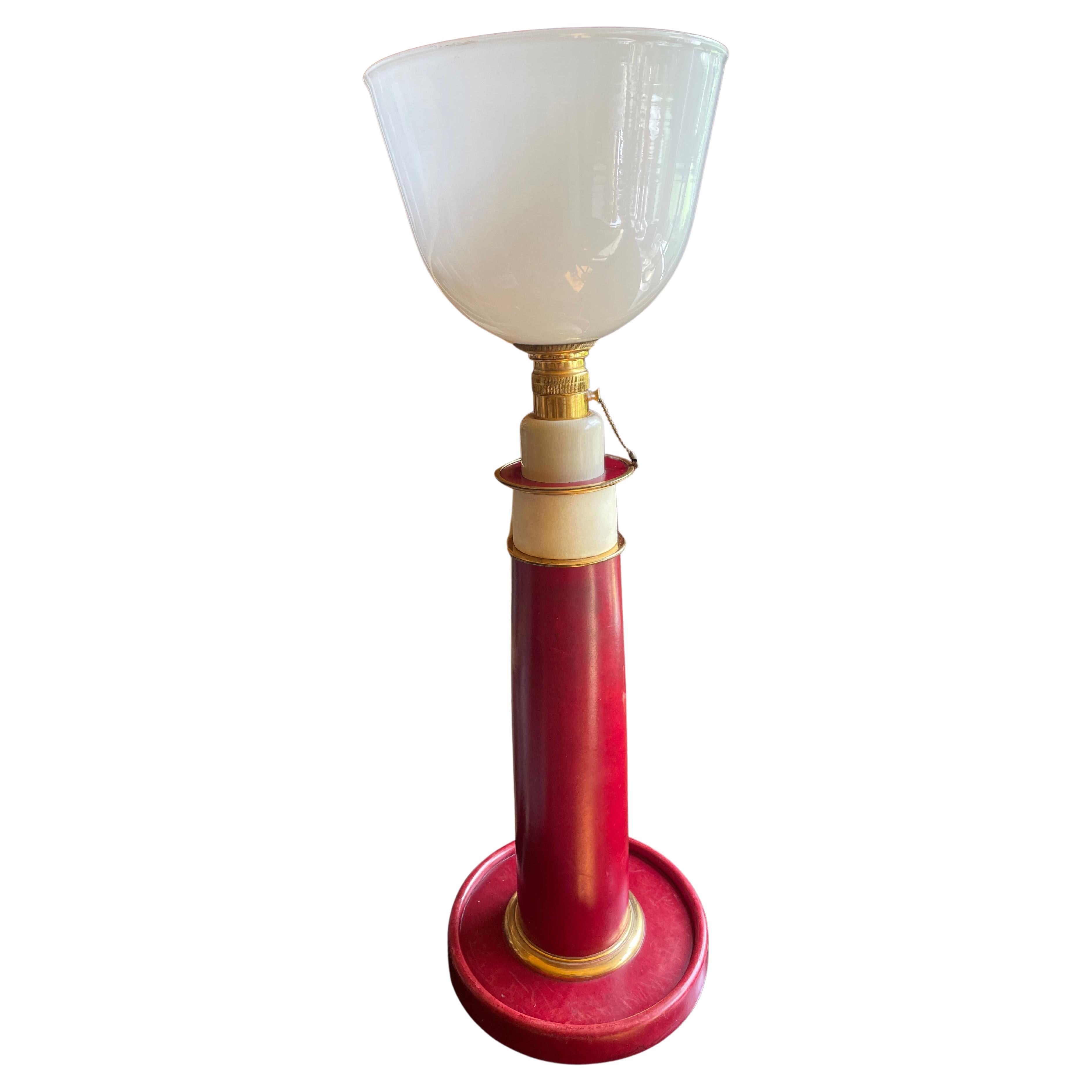 Art Déco table lamp in red leather in the style of Dupré Lafon. France ...