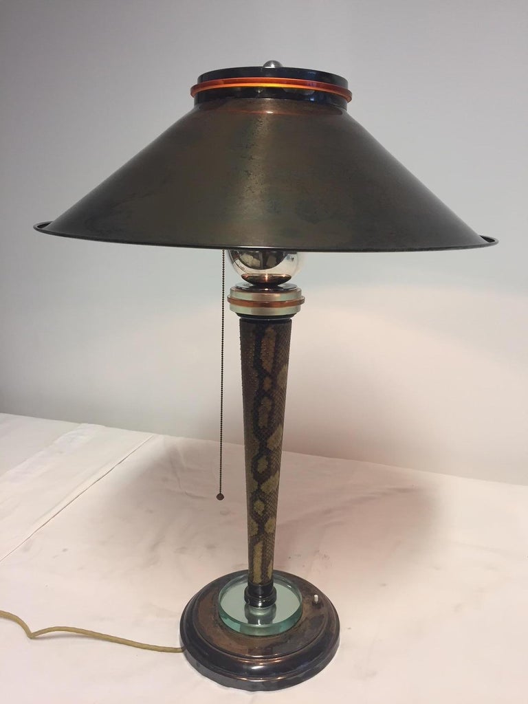 Art Deco Table Light Silver Plated Metal, Glass And Python Snake Skin ...