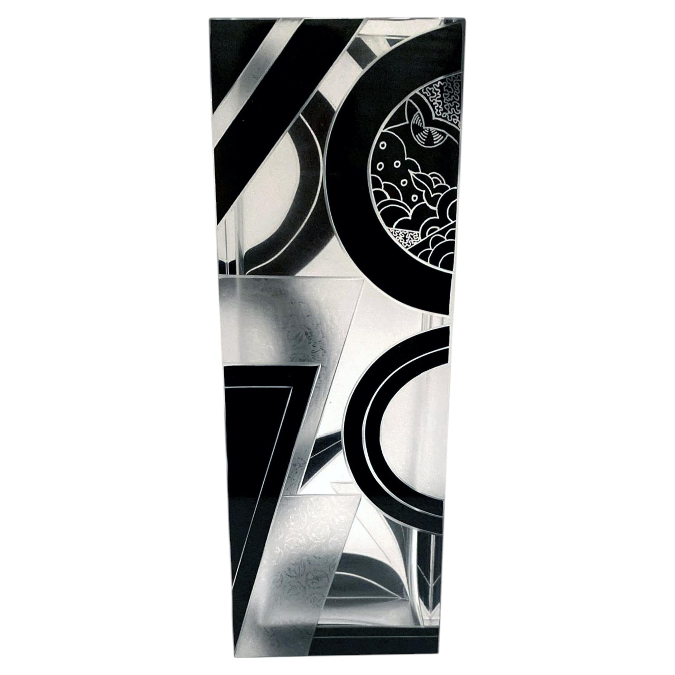 Art Deco Glass Vase with Black Graphic Decoration, France, circa 1940 ...