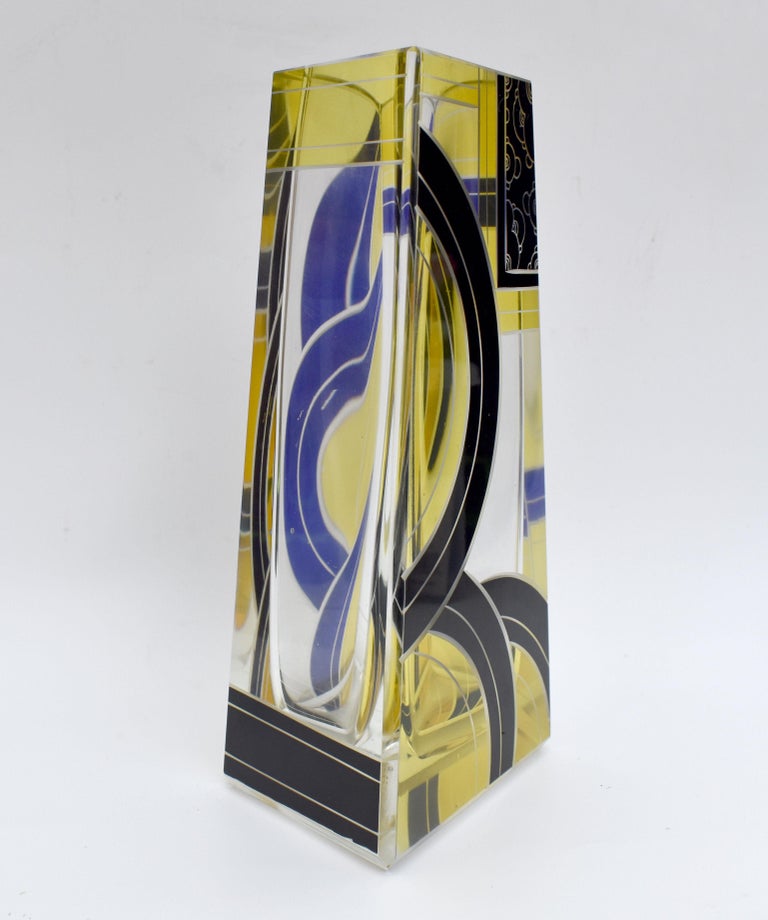 Art Deco Tall Glass and Enamel Etched Vase By Karl Palda, Czech ...