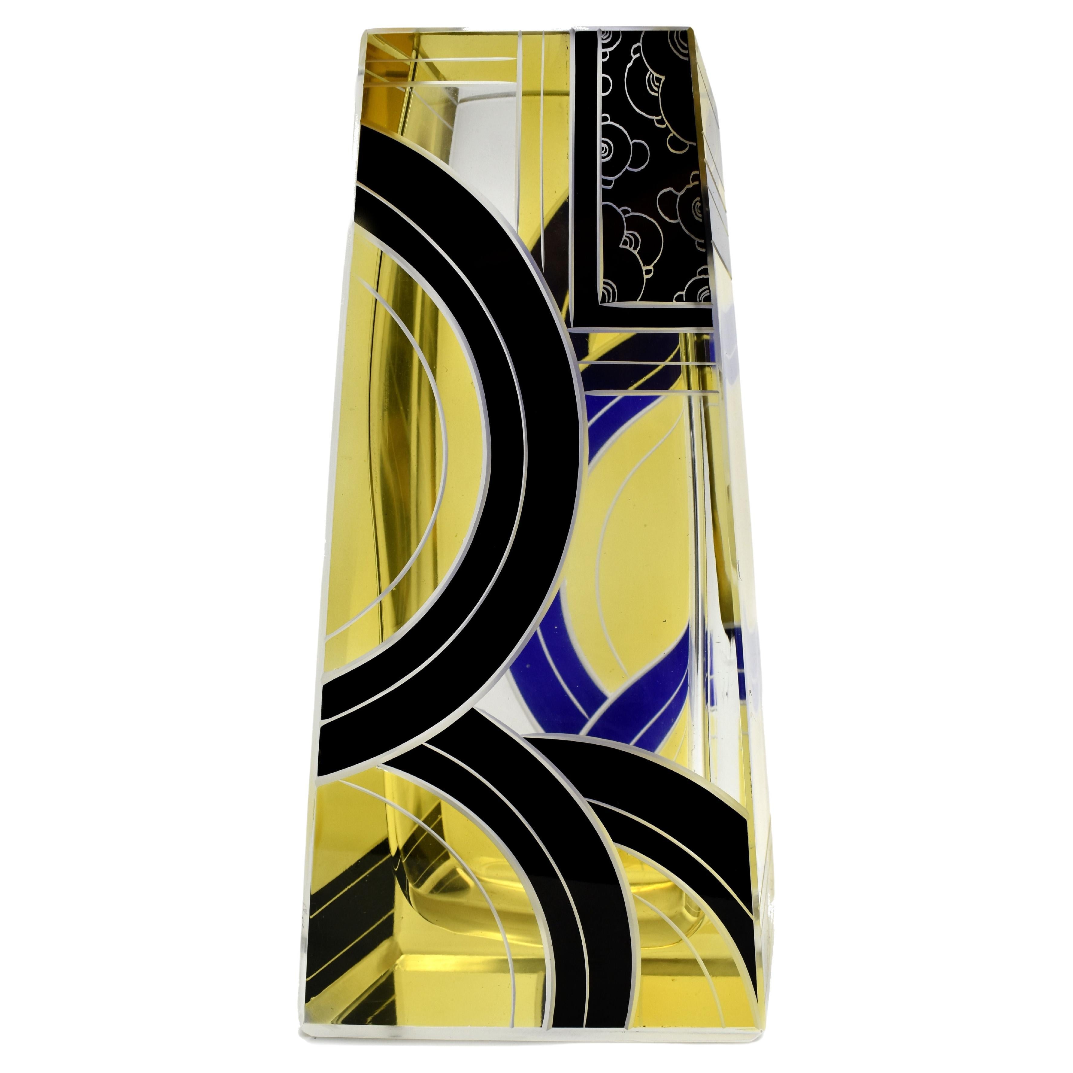 Art Deco Tall Glass and Enamel Etched Vase By Karl Palda, Czech ...
