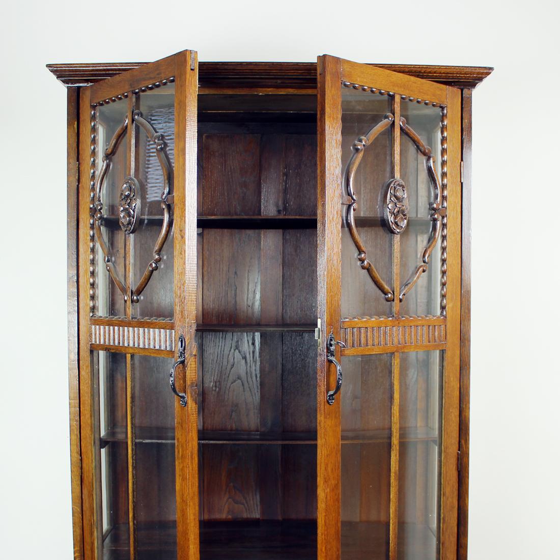 Art Deco Tall Showcase in Oak and Glass, Czechoslovakia, 1910s For Sale ...