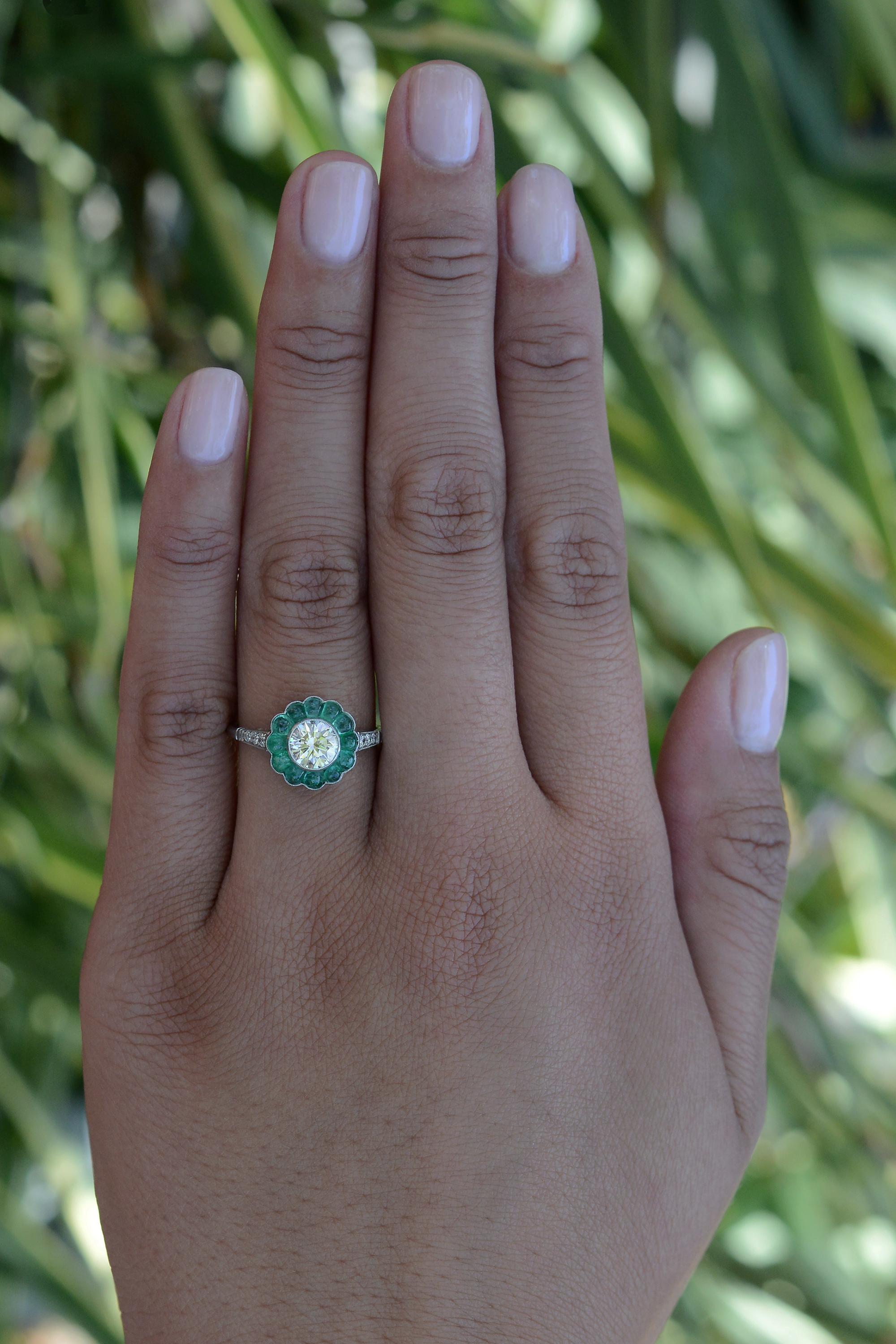 Art Deco Target Style Diamond Emerald Engagement Ring For Sale at 1stDibs