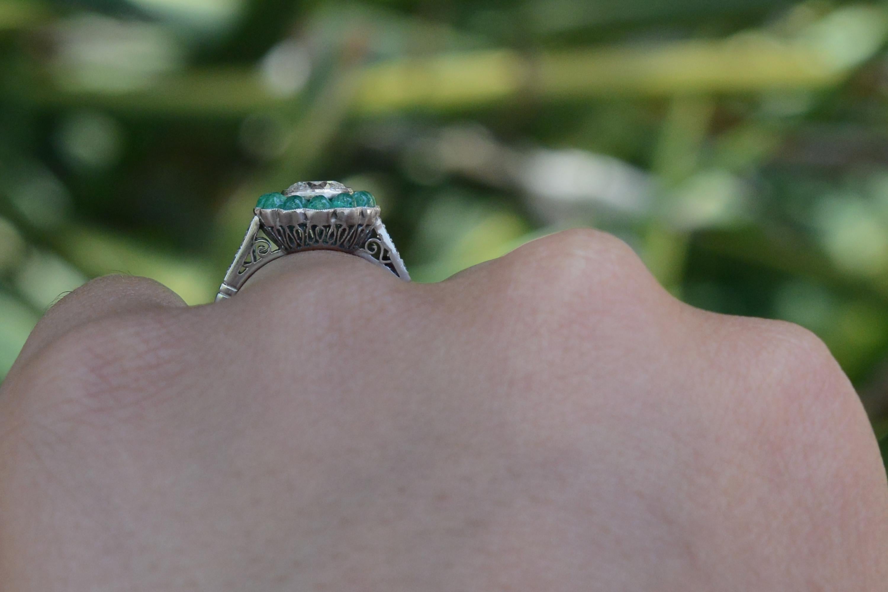 Art Deco Target Style Diamond Emerald Engagement Ring For Sale at 1stDibs