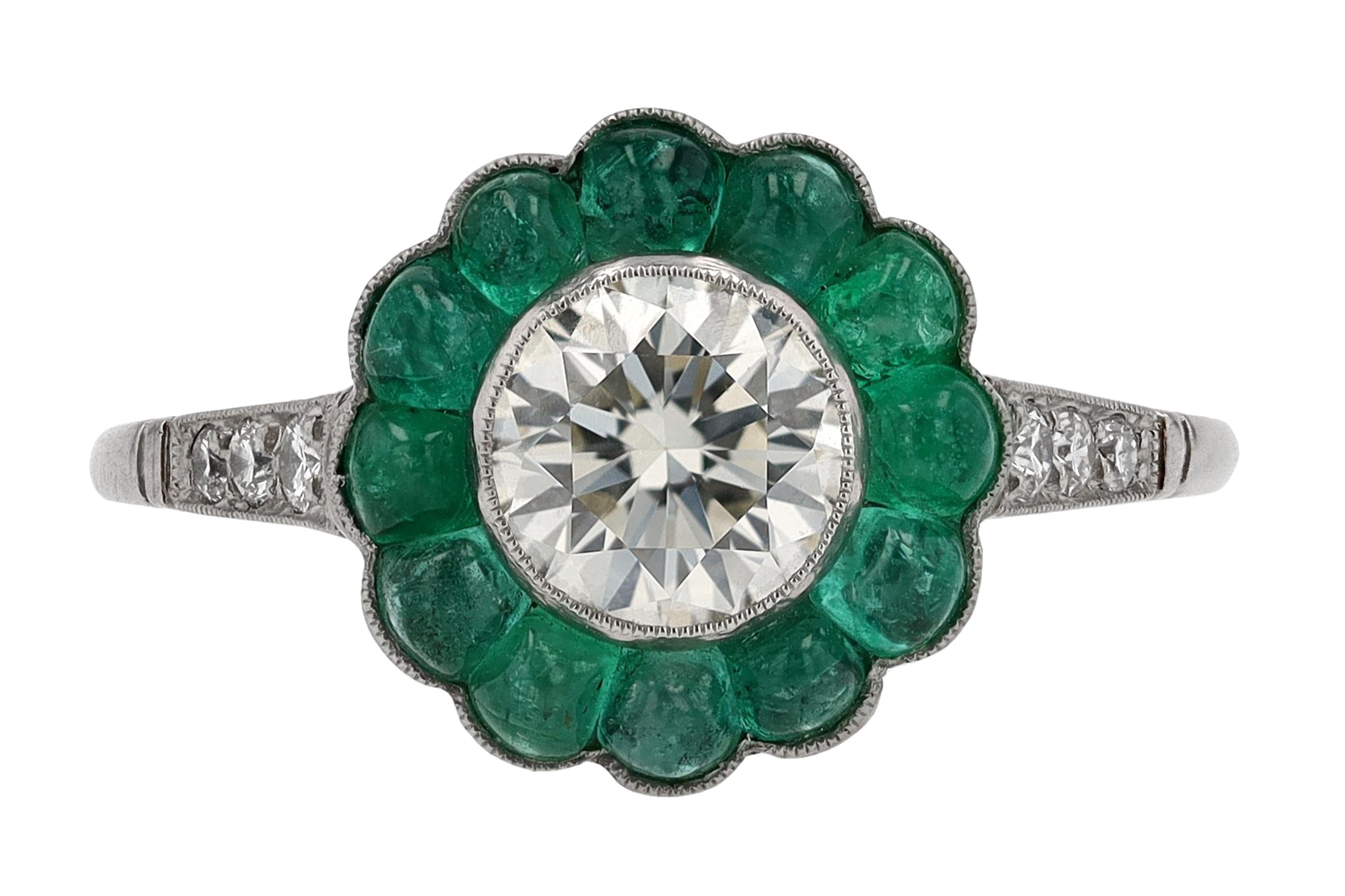 Art Deco Target Style Diamond Emerald Engagement Ring For Sale at 1stDibs