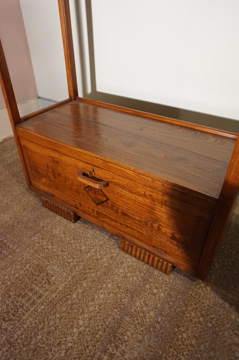 Art Deco Teak Coat Rack Hat Stand Bench Locking Cabinet For Sale at 1stDibs