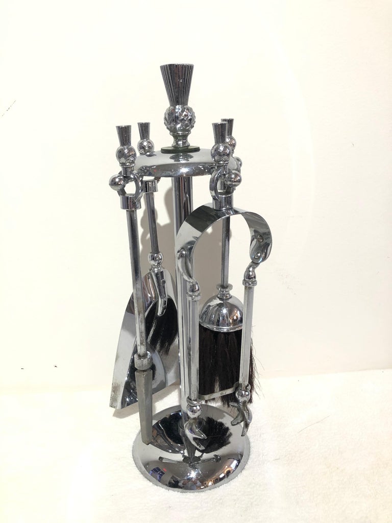 Art Deco Thistle Top Chrome Petite Fireplace Tools Set For Sale at 1stDibs