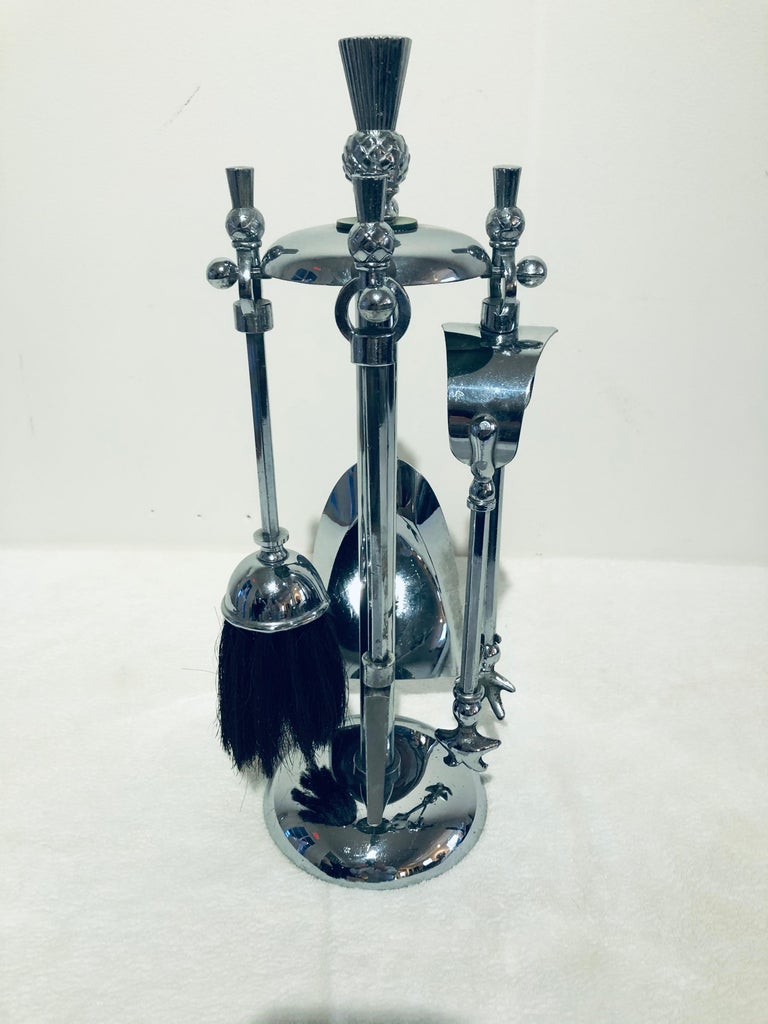 Art Deco Thistle Top Chrome Petite Fireplace Tools Set For Sale at 1stDibs