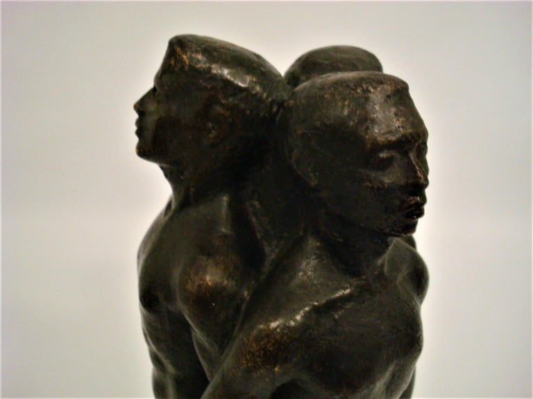 Art Deco Three Naked Men Holding Hands Bronze And Marble Base Sculpture
