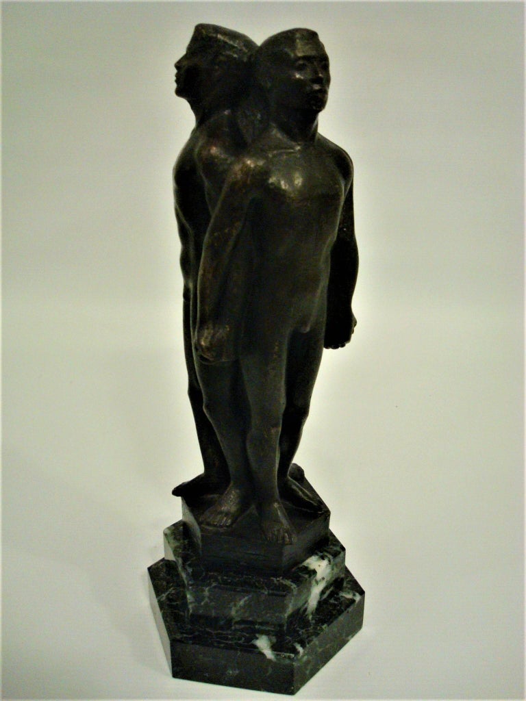 Art Deco Three Naked Men Holding Hands Bronze and Marble Base Sculpture ...