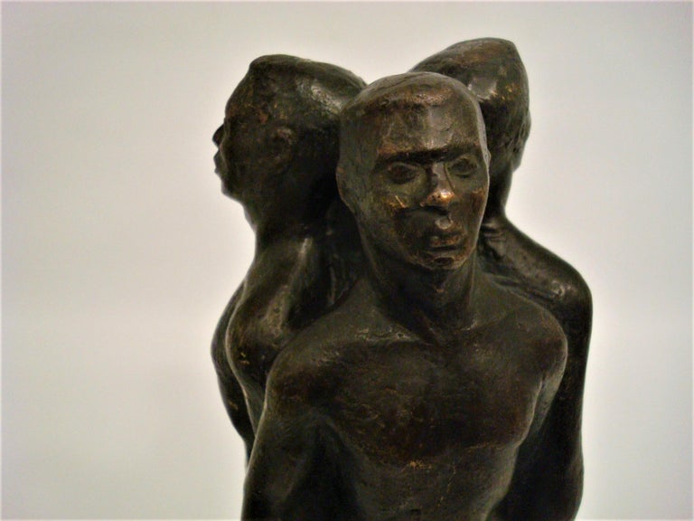 Art Deco Three Naked Men Holding Hands Bronze And Marble Base Sculpture