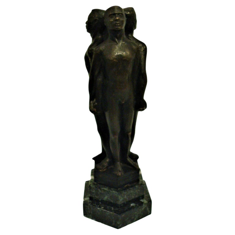 Art Deco Three Naked Men Holding Hands Bronze and Marble Base Sculpture ...