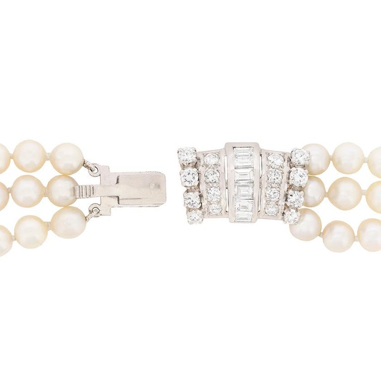 Art Deco Three-Row Pearl Necklace with Diamond Clasp, circa 1920s at ...