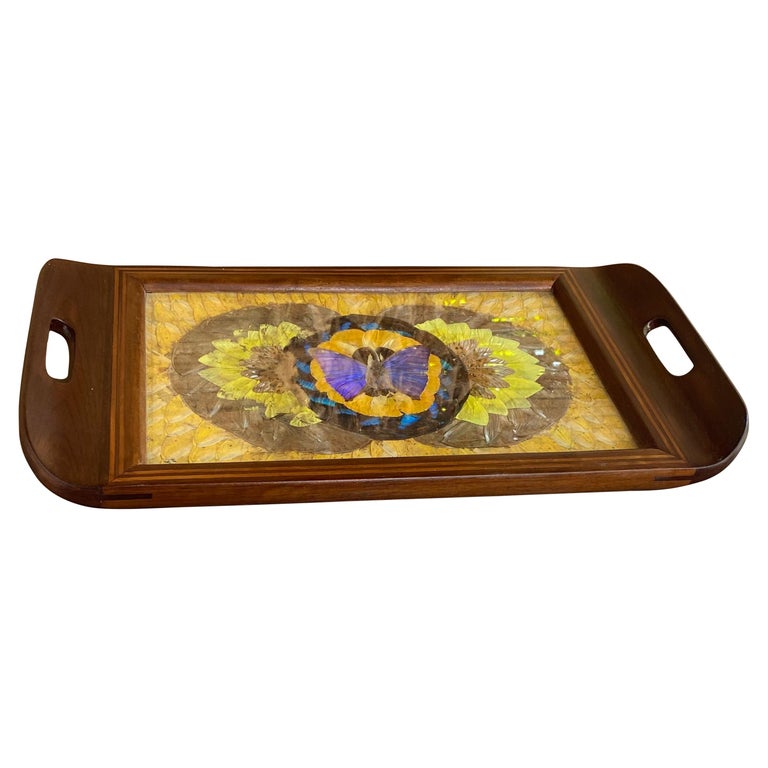Art Deco Tray in Wood, with Butterfly Wings Pattern at 1stDibs