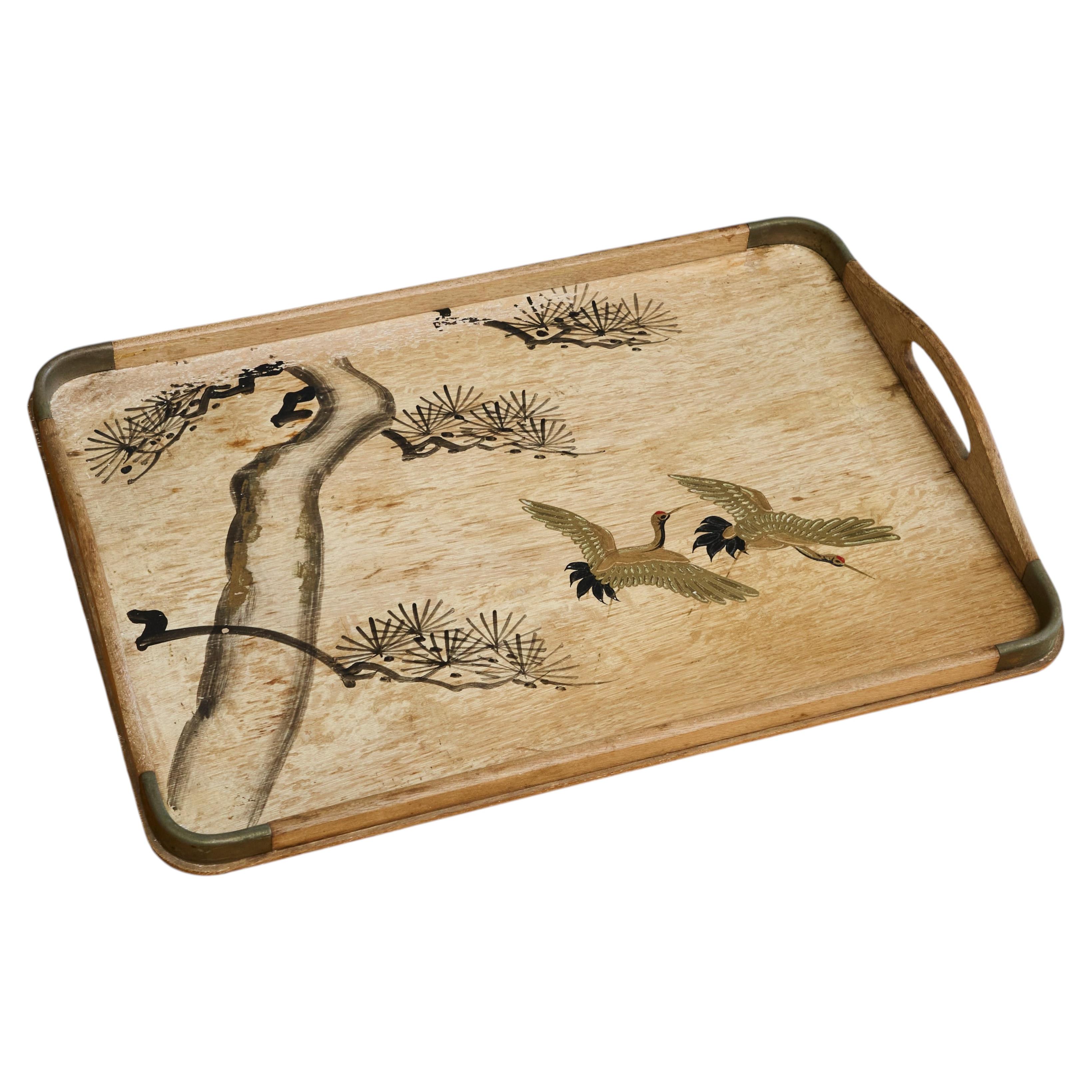Art Deco Tray in Verre Églomisé, Wood and Brass with Peacock at 1stDibs