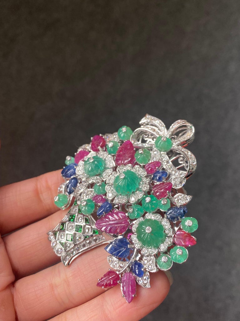 Art-Deco Tutti Frutti Ruby, Sapphire and Emerald Brooch in 18K White ...