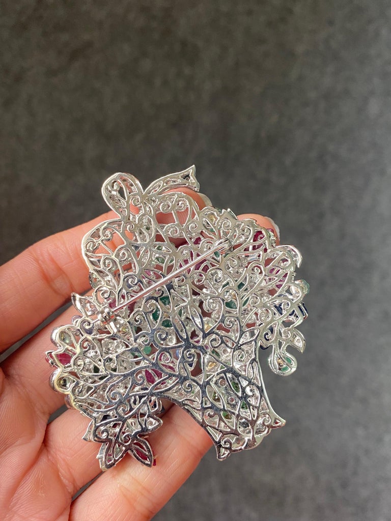 Art-Deco Tutti Frutti Ruby, Sapphire and Emerald Brooch in 18K White ...