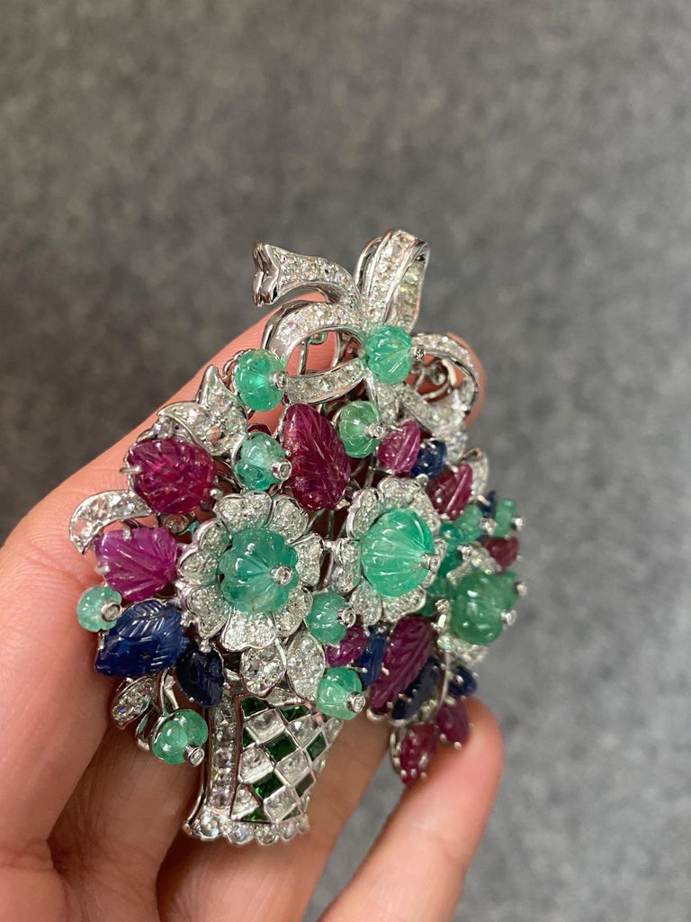 Art-Deco Tutti Frutti Ruby, Sapphire and Emerald Brooch in 18K White ...