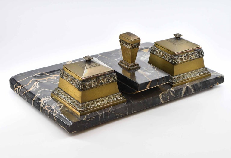 Art Deco Veined Marble and Brass Desk Ink Well Stand Circa 1930 For ...