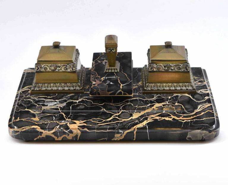 Art Deco Veined Marble and Brass Desk Ink Well Stand Circa 1930 For ...