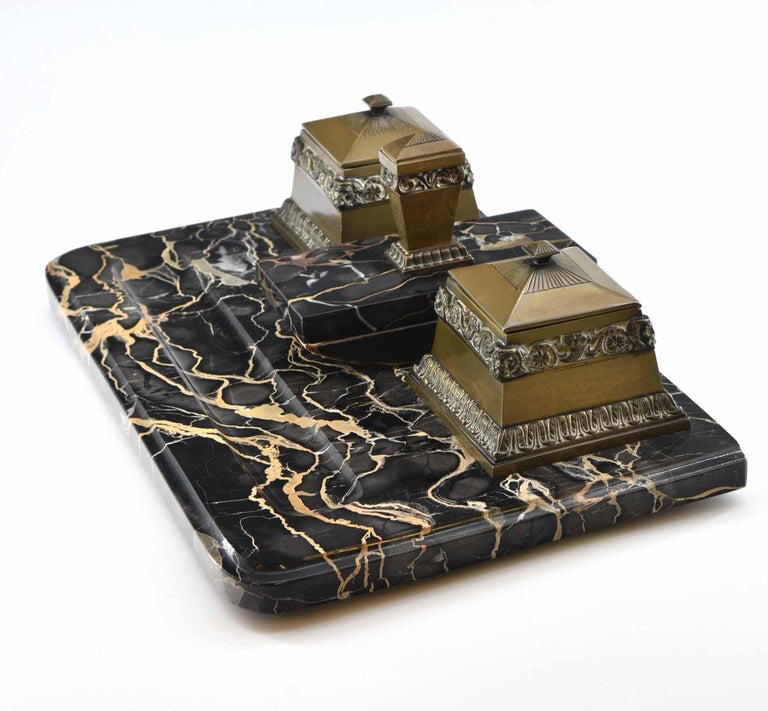 Art Deco Veined Marble and Brass Desk Ink Well Stand Circa 1930 For ...