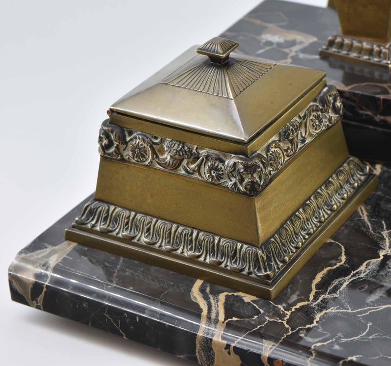 Art Deco Veined Marble and Brass Desk Ink Well Stand Circa 1930 For ...