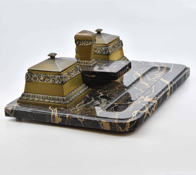 Art Deco Veined Marble and Brass Desk Ink Well Stand Circa 1930 For ...