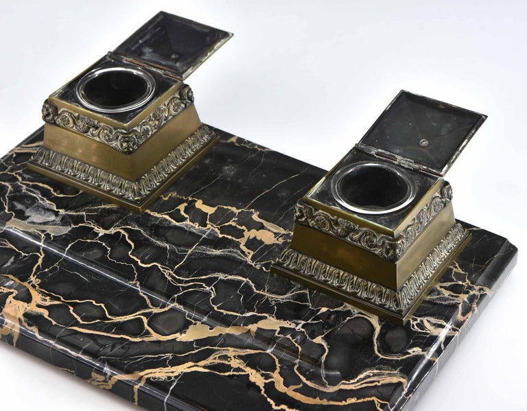 Art Deco Veined Marble and Brass Desk Ink Well Stand Circa 1930 For ...