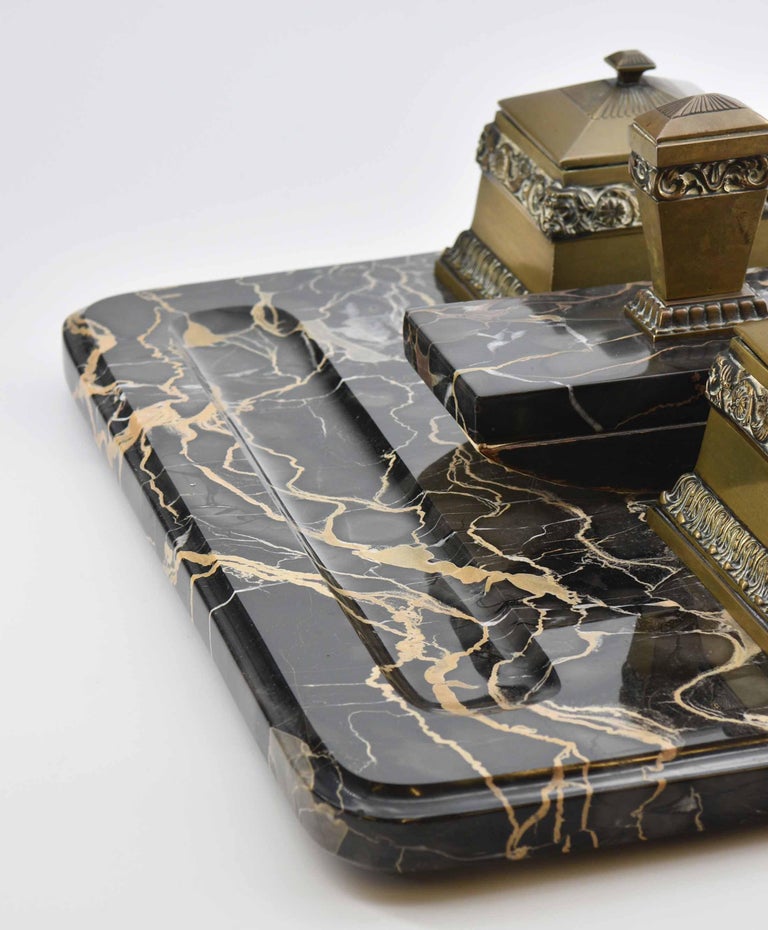 Art Deco Veined Marble and Brass Desk Ink Well Stand Circa 1930 For ...