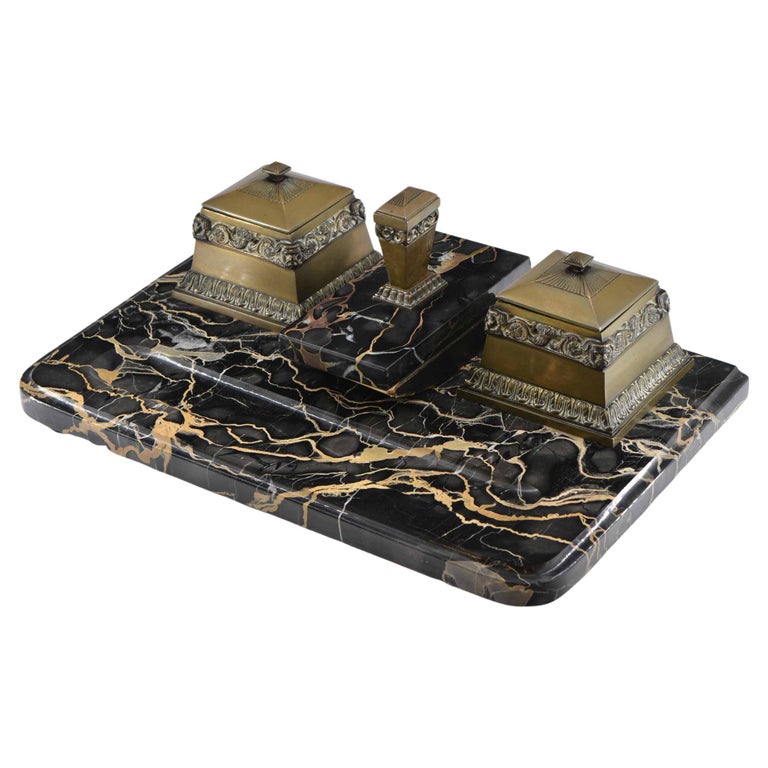 Art Deco Veined Marble and Brass Desk Ink Well Stand Circa 1930 For ...