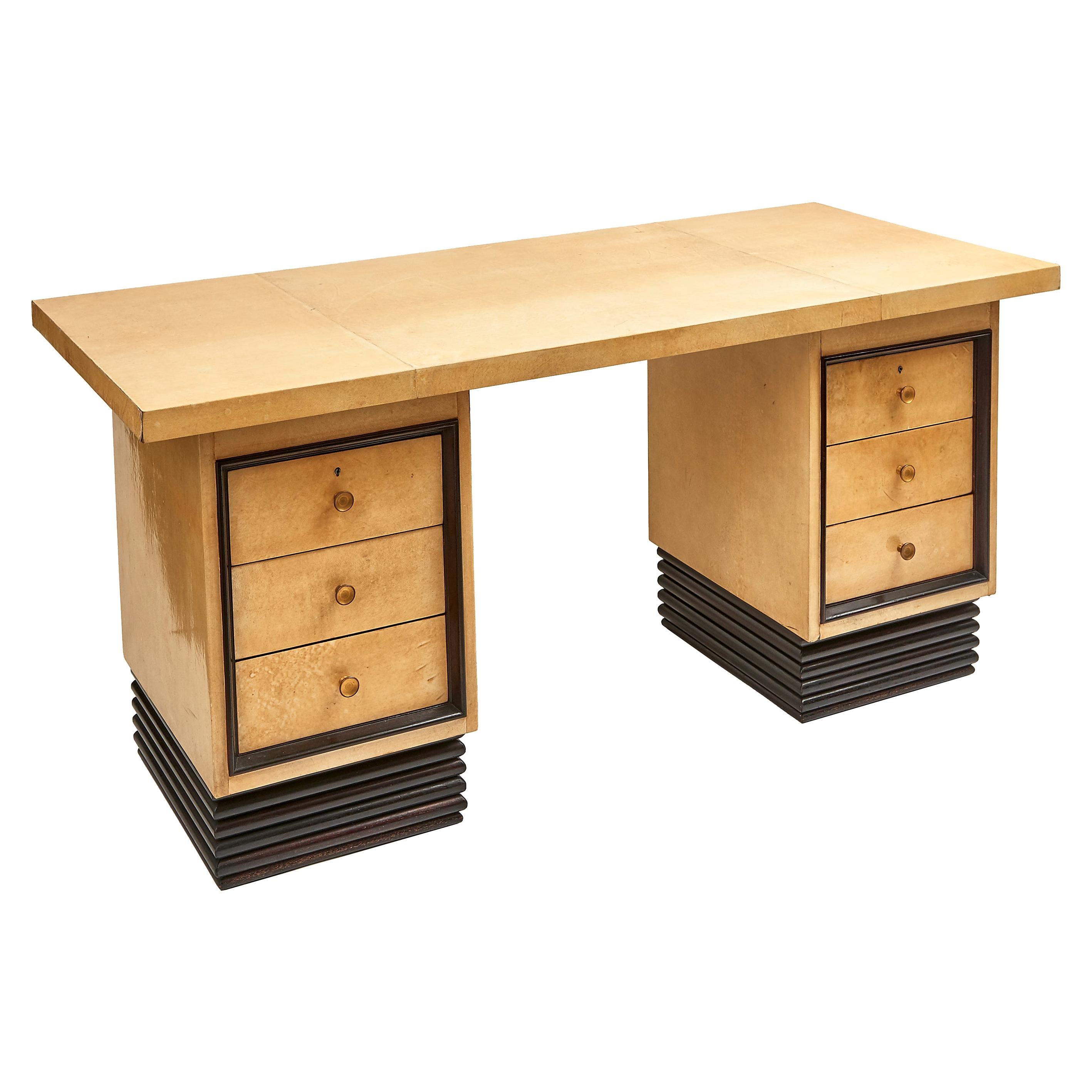 Unique Art Deco Handmade Teak Paneled Pedestal Desk at 1stDibs