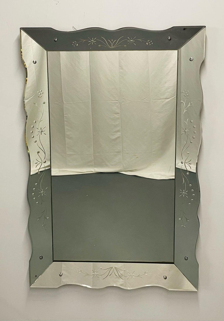 Art Deco Venetian Wall / Console Mirror, Etched Glass Floral Motif For ...