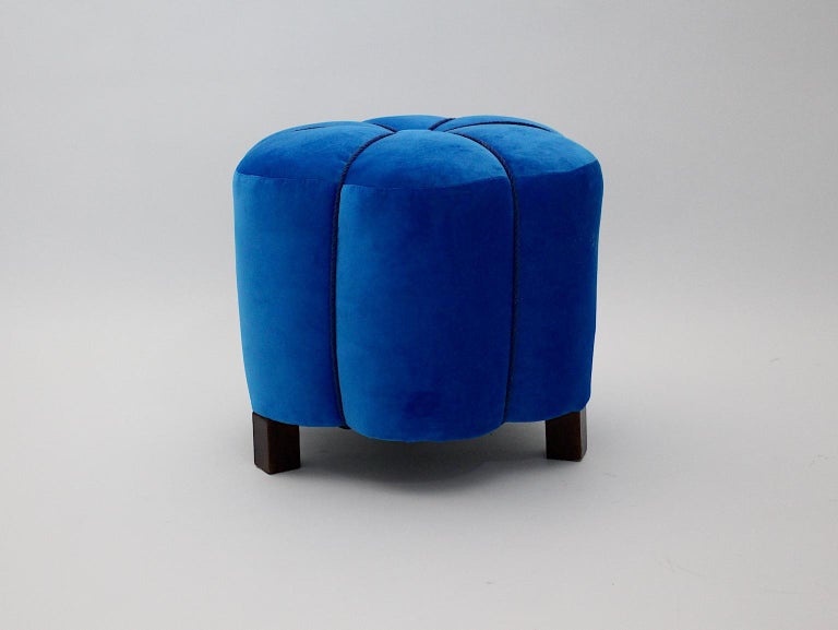 Art Deco Vintage Blue Velvet Beech Pouf Stool 1930s Austria For Sale at ...