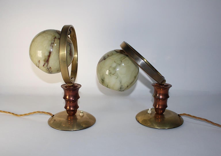 Art Deco Vintage Pair Duo Brass Copper Marbled Glass Nightstand Lamps ...