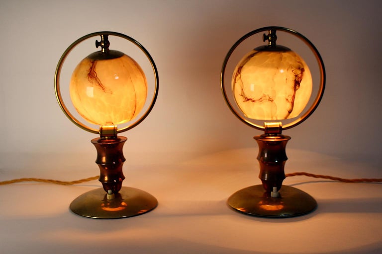 Art Deco Vintage Pair Duo Brass Copper Marbled Glass Nightstand Lamps ...