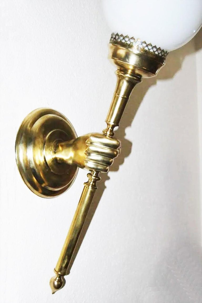 Art Deco Wall Sconce Torch Shape Large Brass with Hand, Early 20th Century For Sale at 1stDibs