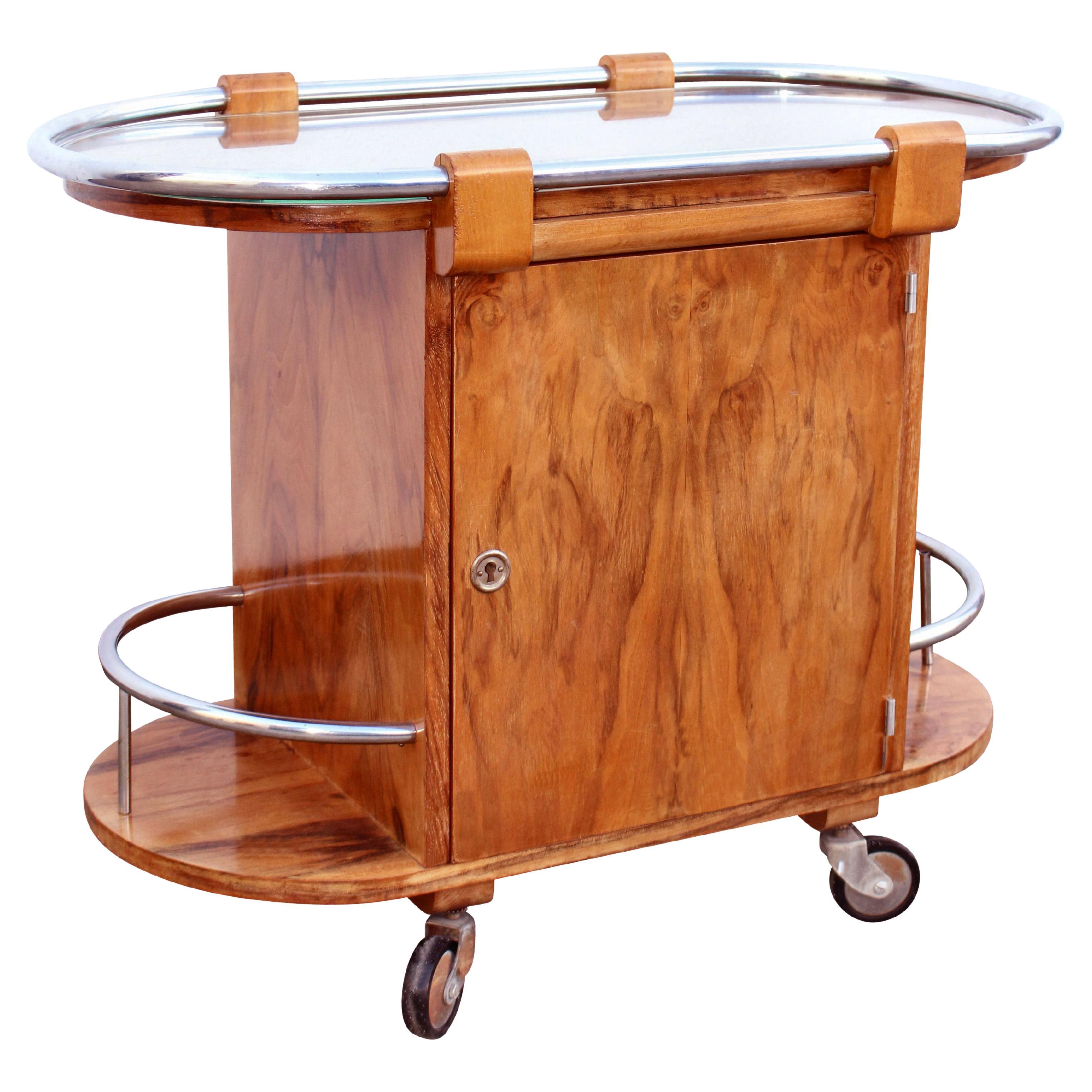 Art Deco Walnut and Chrome Cocktail Bar Cart, French, c1930 at 1stDibs