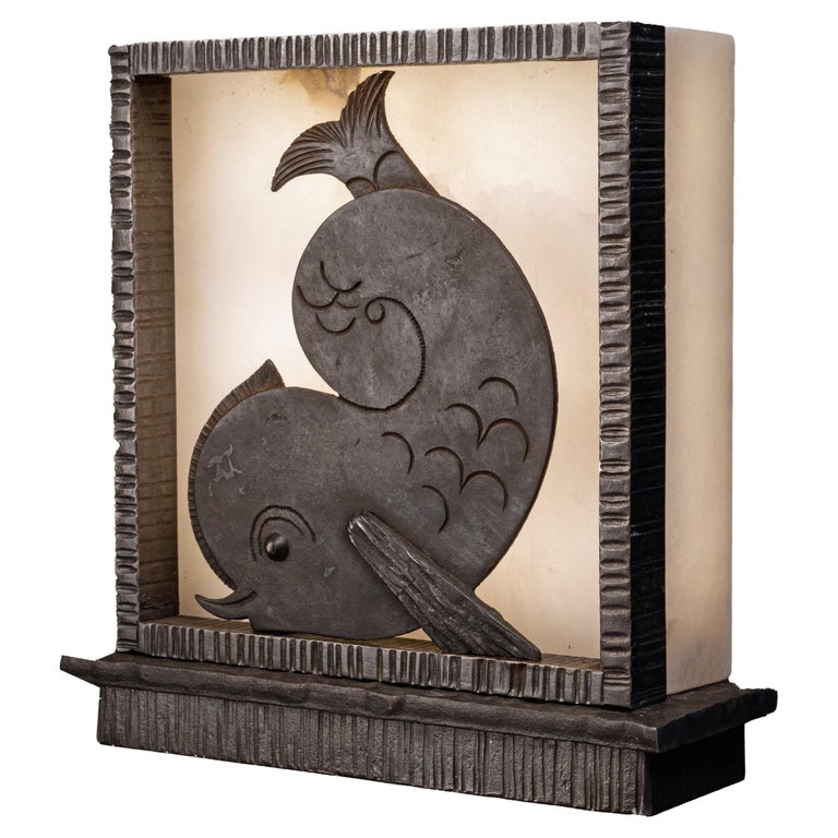 Art Deco Whale Lamp, Sconce, Chiseled and Wrought Iron, Alabaster ...