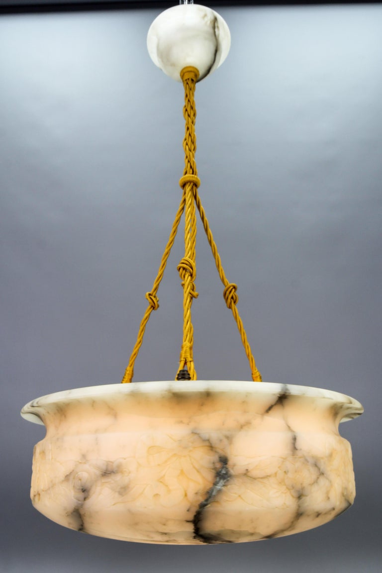 Art Deco White and Black Alabaster Pendant Light Fixture with Carved ...