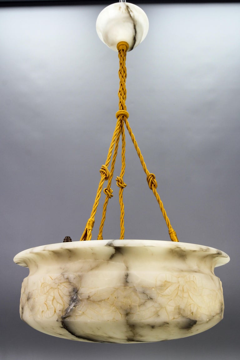 Art Deco White and Black Alabaster Pendant Light Fixture with Carved ...