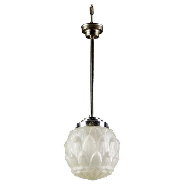 Art Deco White Frosted Glass And Chrome Pendant Ceiling Light 1930s